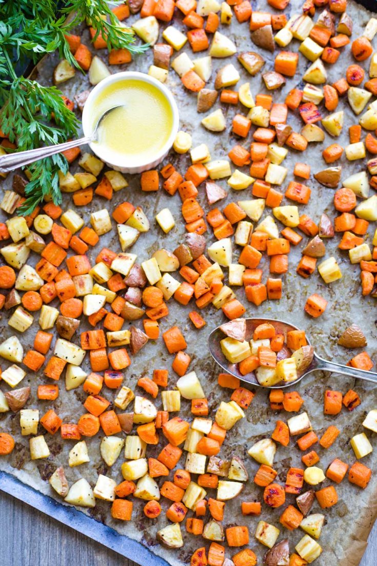 Roasted Root Vegetables with Honey-Dijon Drizzle - Two Healthy Kitchens