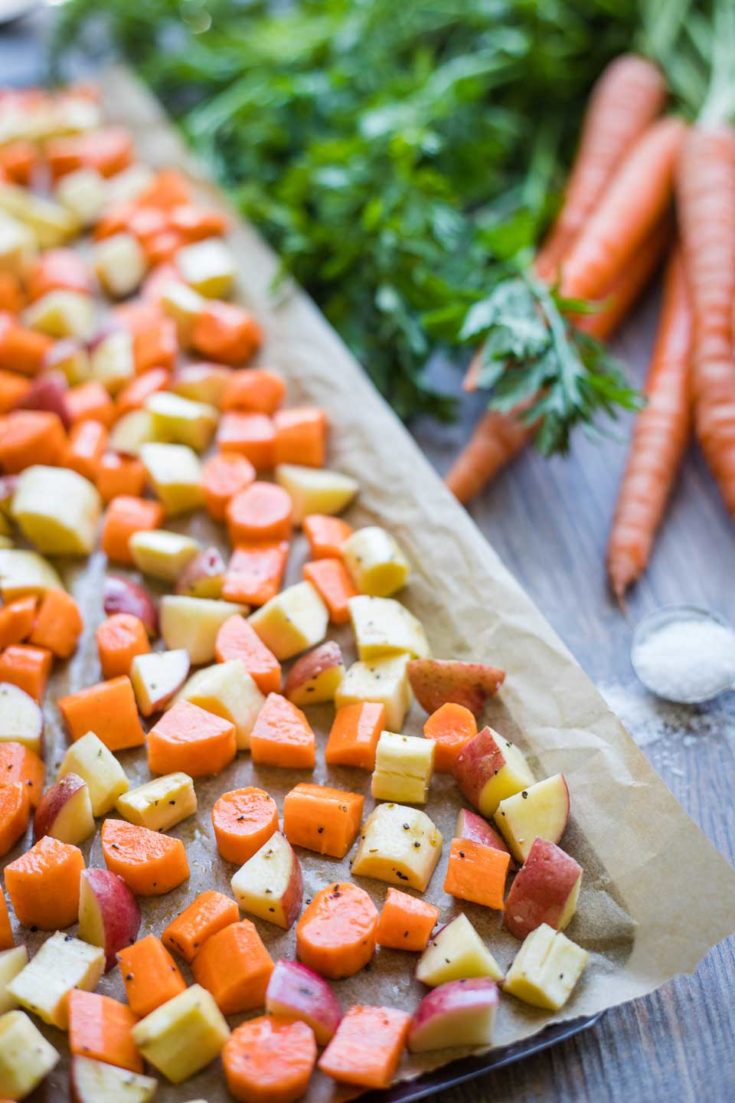 Roasted Root Vegetables with Honey-Dijon Drizzle - Two Healthy Kitchens
